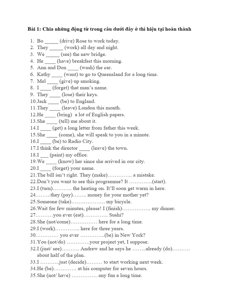 Bt thì hiện tại hoàn thành 6 | PDF