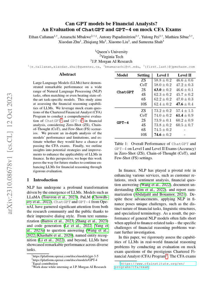 Can GPT Models Be Financial Analysts? An Evaluation of Chatgpt and Gpt-4 On Mock Cfa Exams | PDF ...