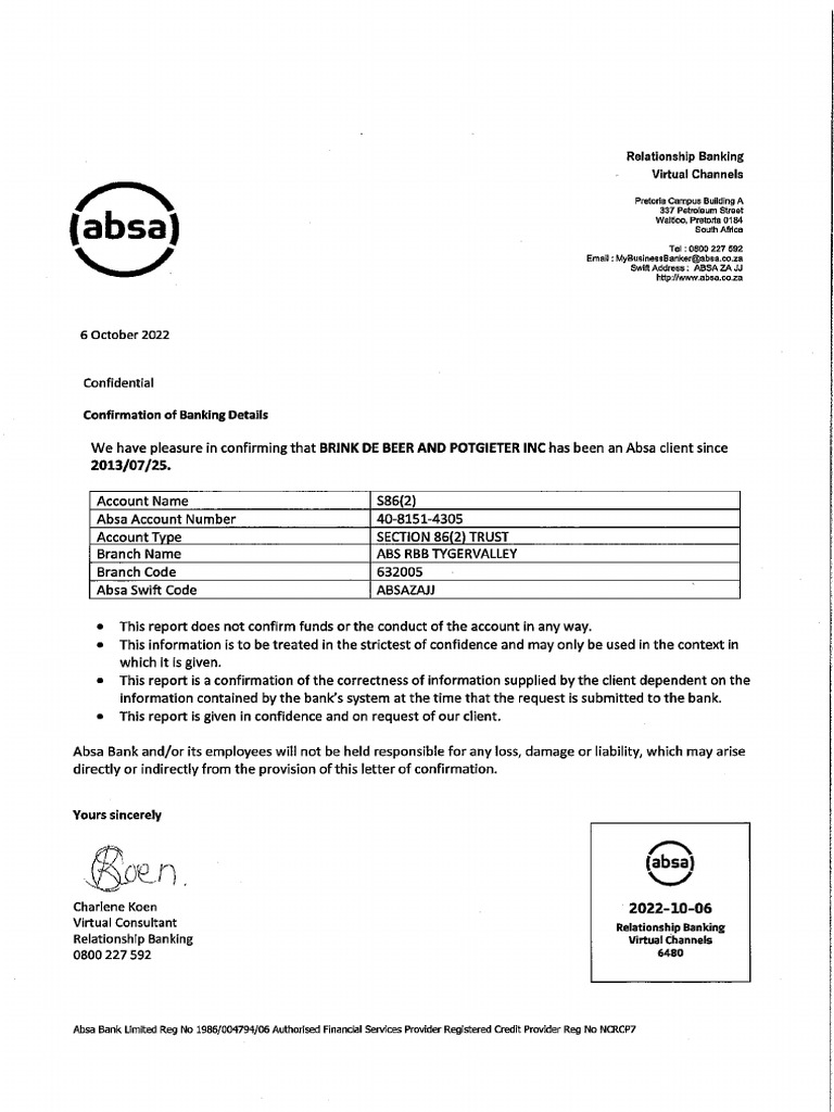 ABSA Bank Account Confirmation DD 6.10.2022 FASTA | PDF | Private ...