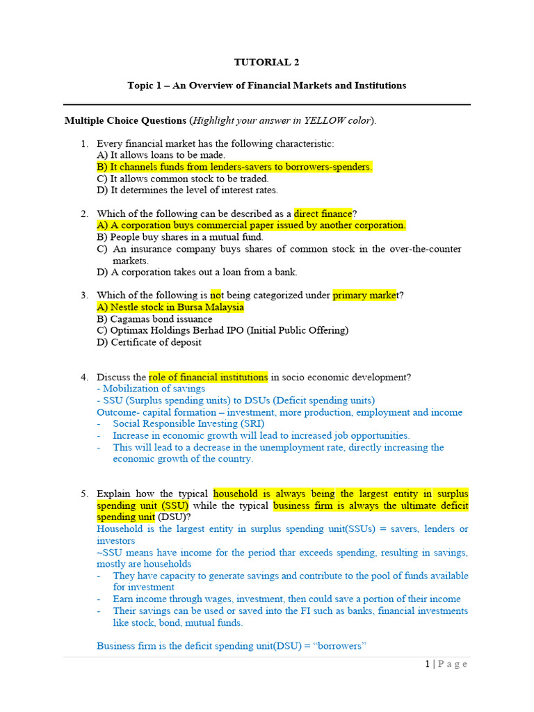 WEEK 2 - Tutorial 2 An Overview of Fin Mkts & Instns | PDF | Securities ...