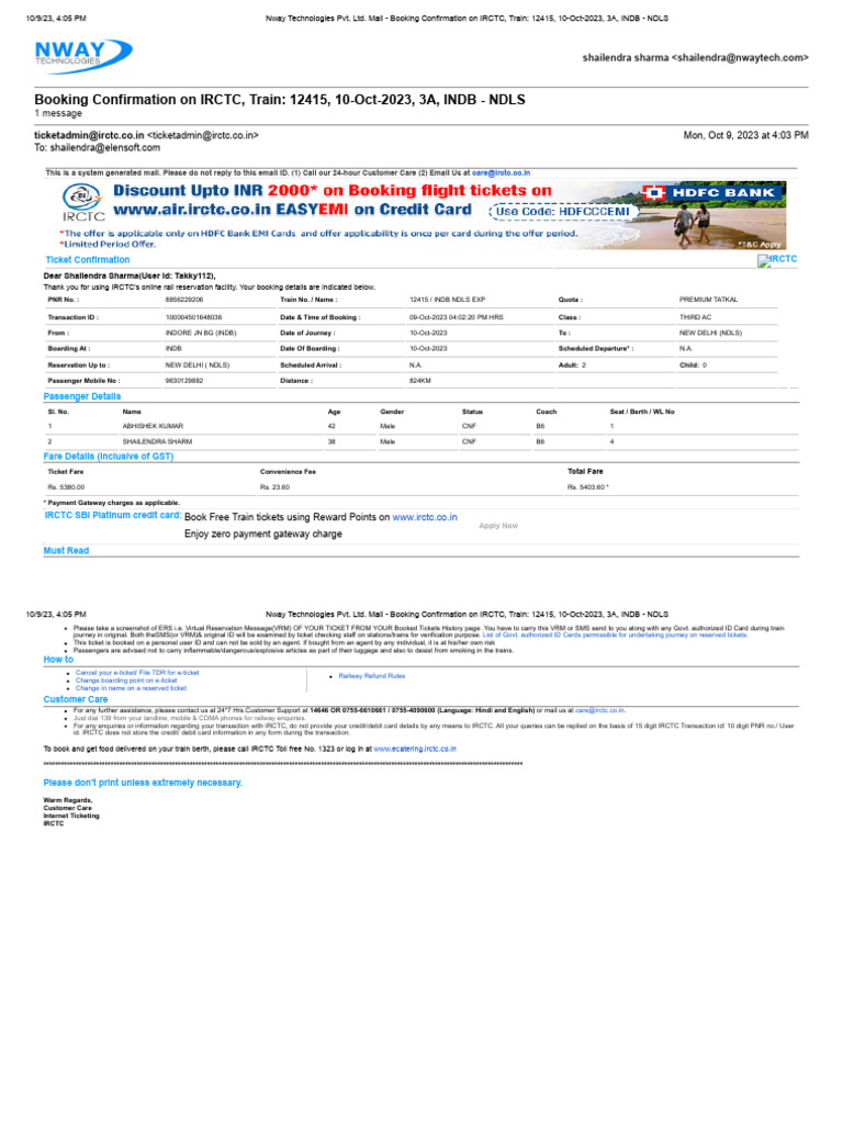 Indore to Delhi Train Ticket Confirmation | PDF | Credit Card | Service ...