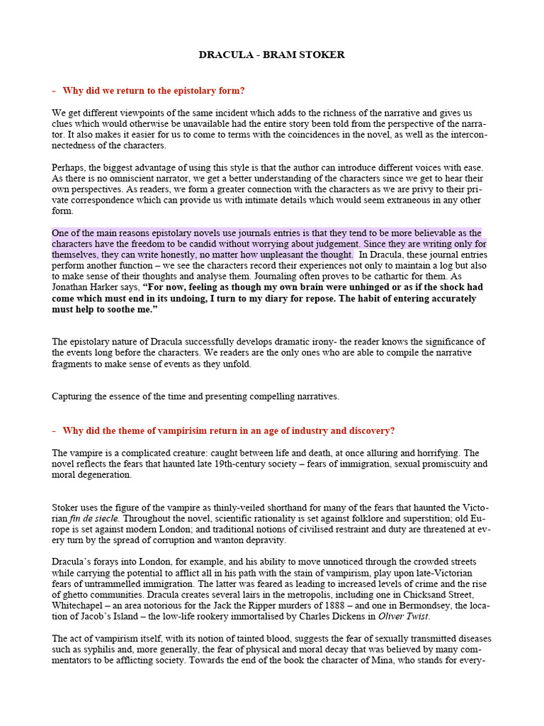 19th Century English Novel II - "Dracula" Notes | PDF