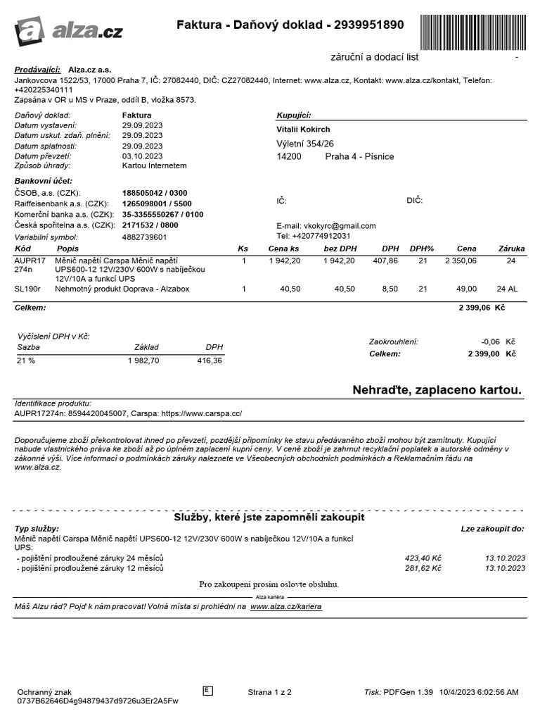 Faktura - Daňový Doklad - 2939951890: Alza - CZ A.S | PDF