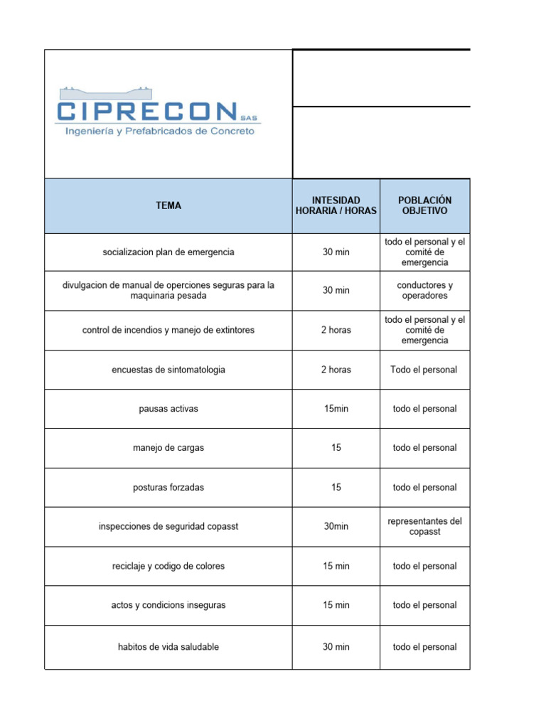 Cronograma de Capacitación EJEMPLO | PDF