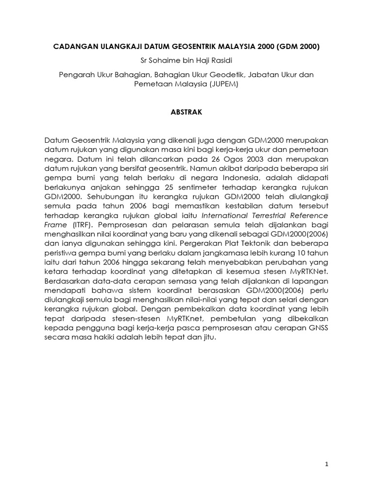 Cadangan Ulangkaji Datum Geosentrik Malaysia 2000 GDM 2000 | PDF