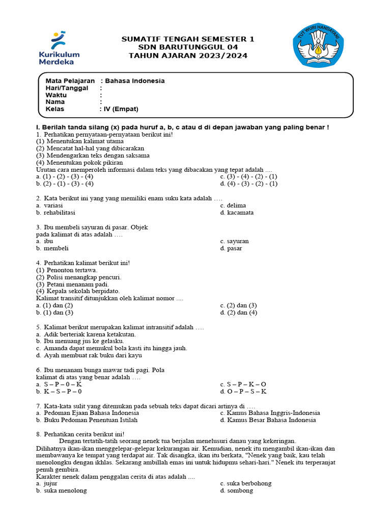 Soal PTS - STS Bahasa Indonesia Kelas 4 Semester 1 Kurikulum Merdeka T.A 2023-2024 | PDF