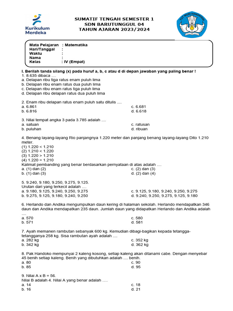 Soal PTS - STS Matematika Kelas 4 Semester 1 Kurikulum Merdeka T.A 2023-2024 | PDF