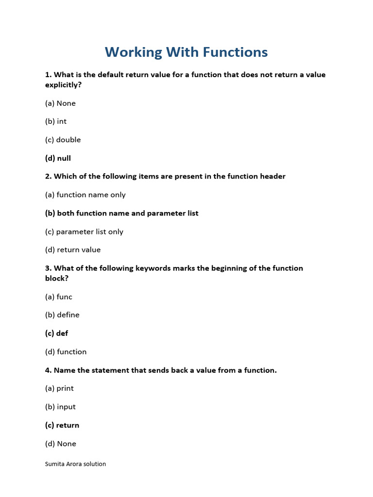 Working With Functions Sumita Arora MCQ | PDF | Parameter (Computer ...