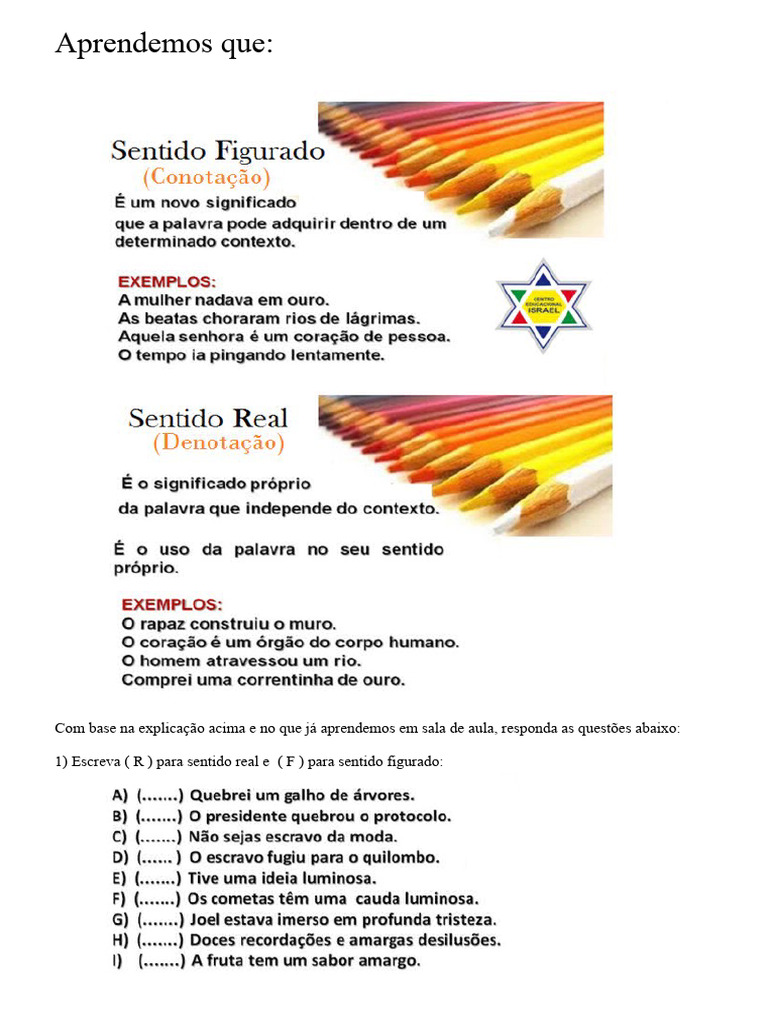 Sentido Real e Figurado: Atividades 4º e 5º Ano | PDF | Jogos e ...