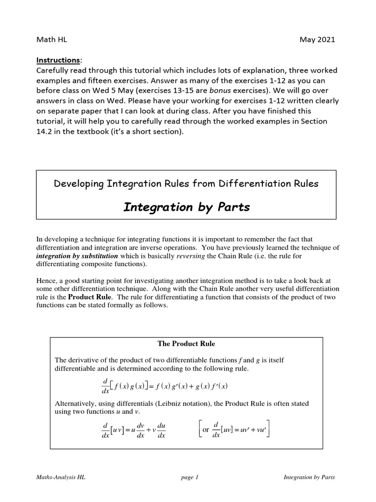 Math HL Integration by Parts Tutorial | PDF | Science & Mathematics ...