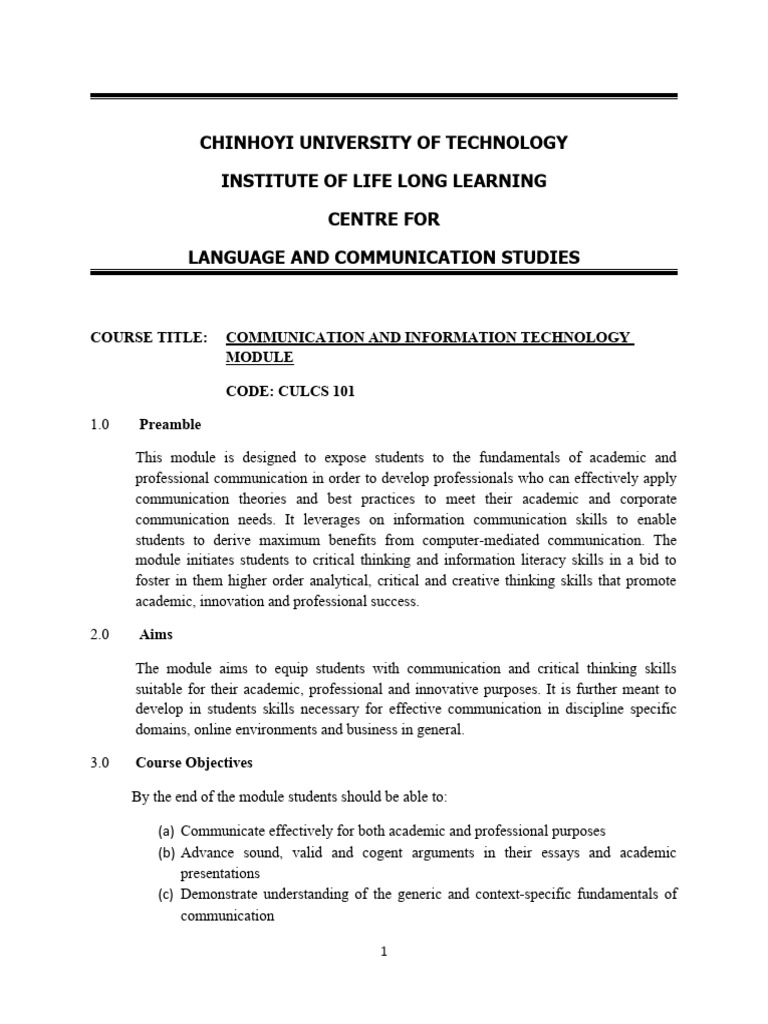Culcsm 101 Communication and Information Technology Module Outline | PDF