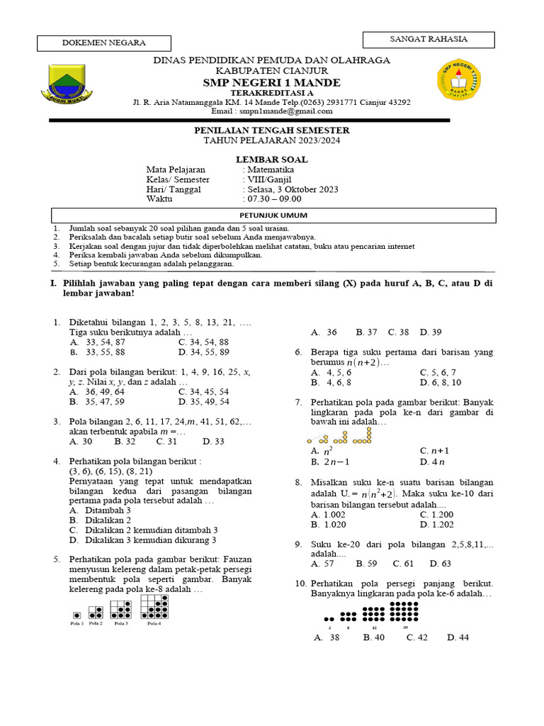 Soal Pts Matematika Kelas 8 | PDF