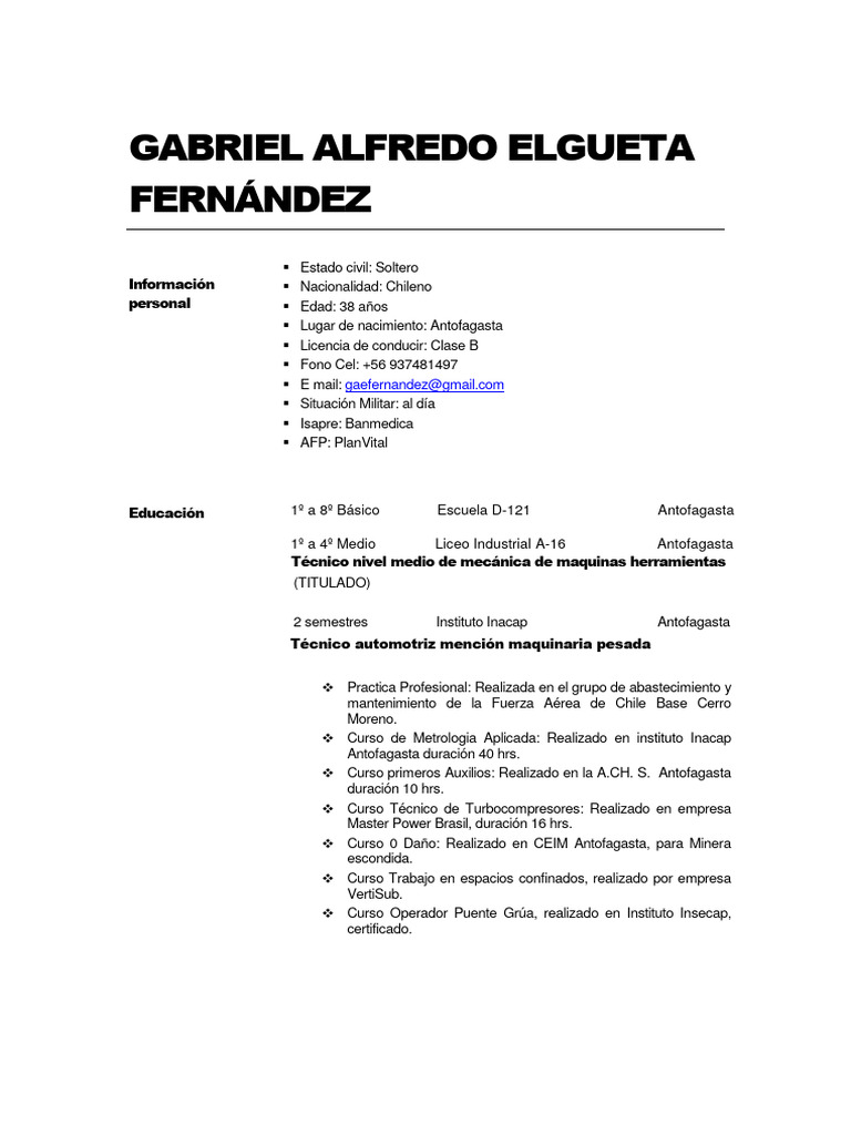 Curriculum Vitae Gabriel Elgueta - Tornero | PDF