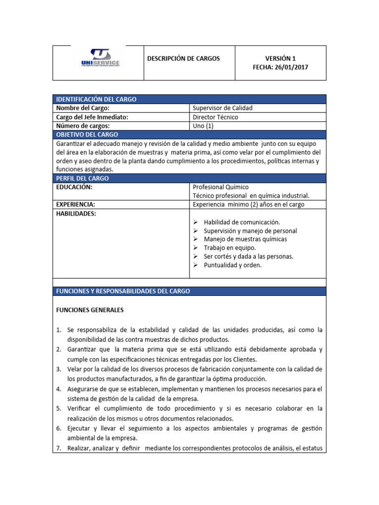 Cargo Supervisor de Calidad | PDF