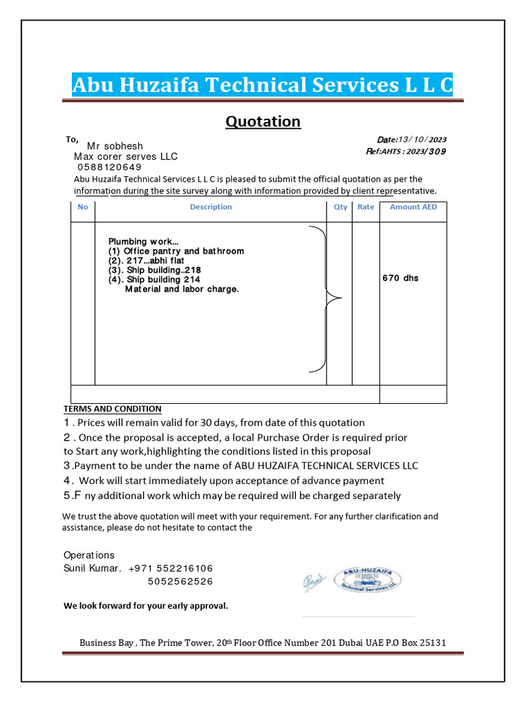 Quotation from Huzaifa Technical Services | PDF