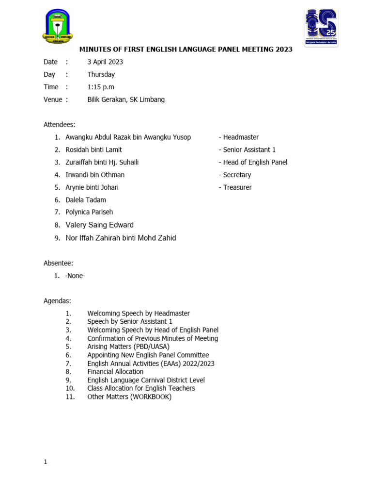 Minutes of First English Language Panel Meeting 2023 | PDF