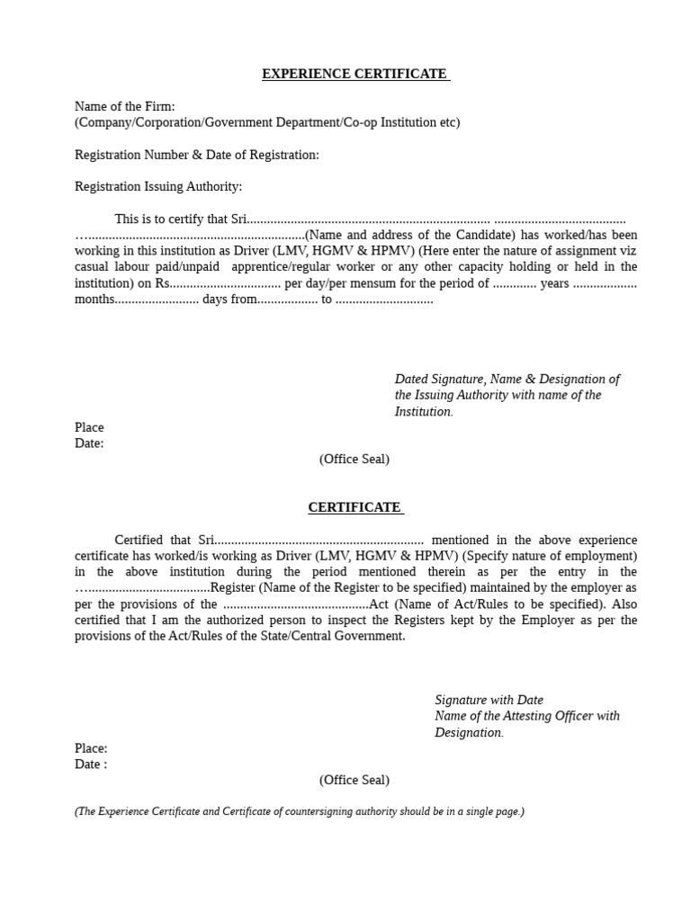 Driver Experience Certificate Format | PDF