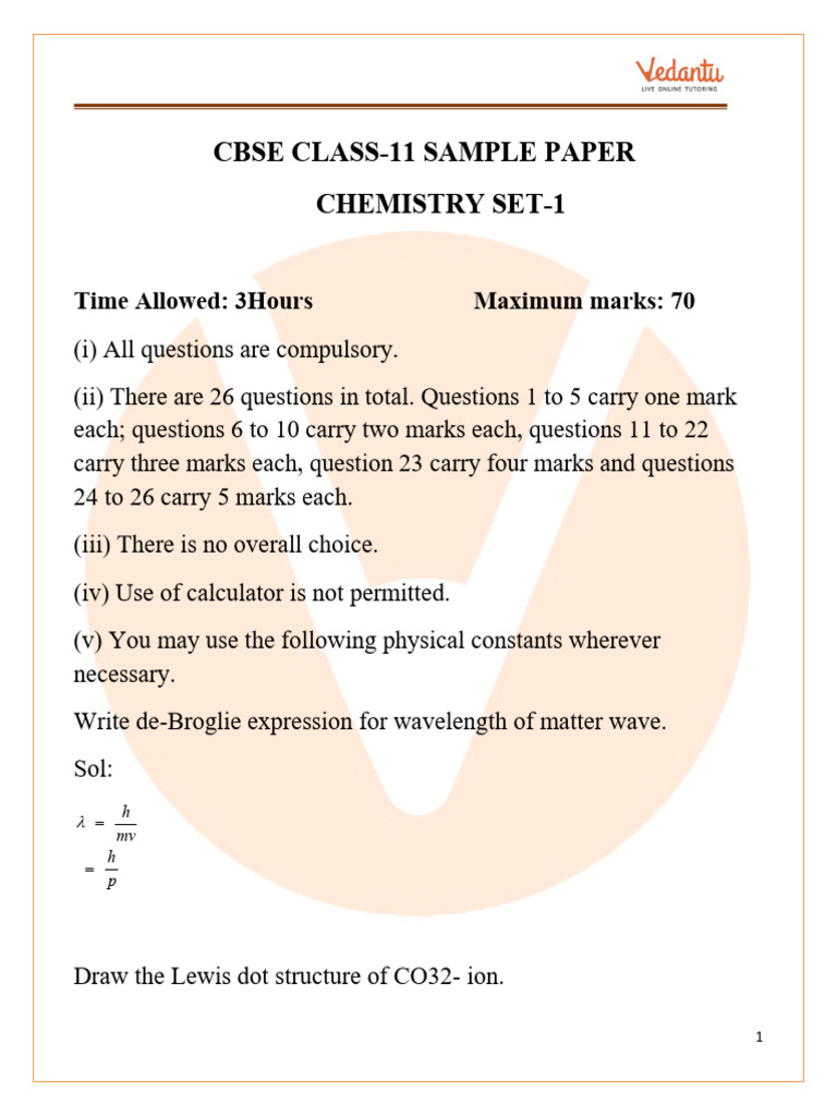 CBSE Sample Paper For Class 11 Chemistry Mock Paper 1 With Solutions | PDF