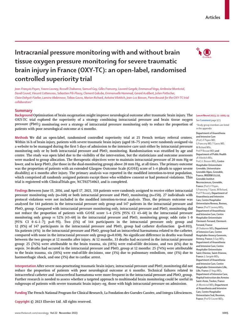 Intracranial Pressure Monitoring With and Without Brain Tissue Oxygen ...