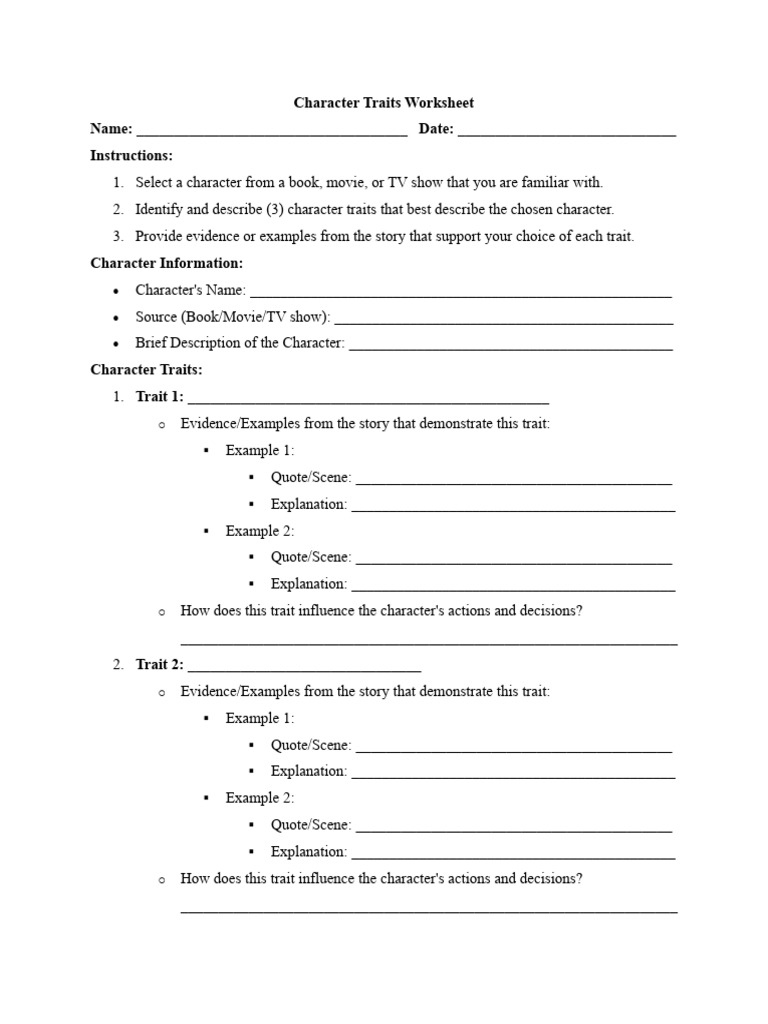 Character Traits Worksheet | PDF