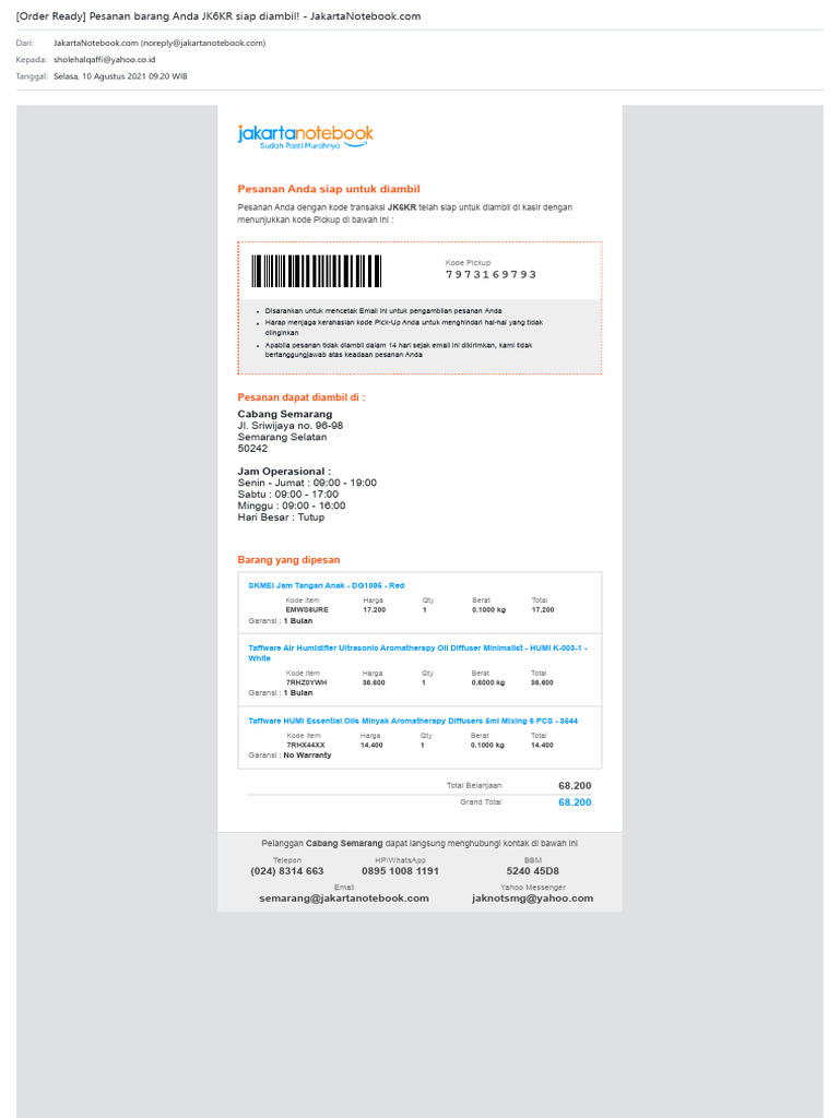 Yahoo Mail - (Order Ready) Pesanan Barang Anda JK6KR Siap Diambil! | PDF