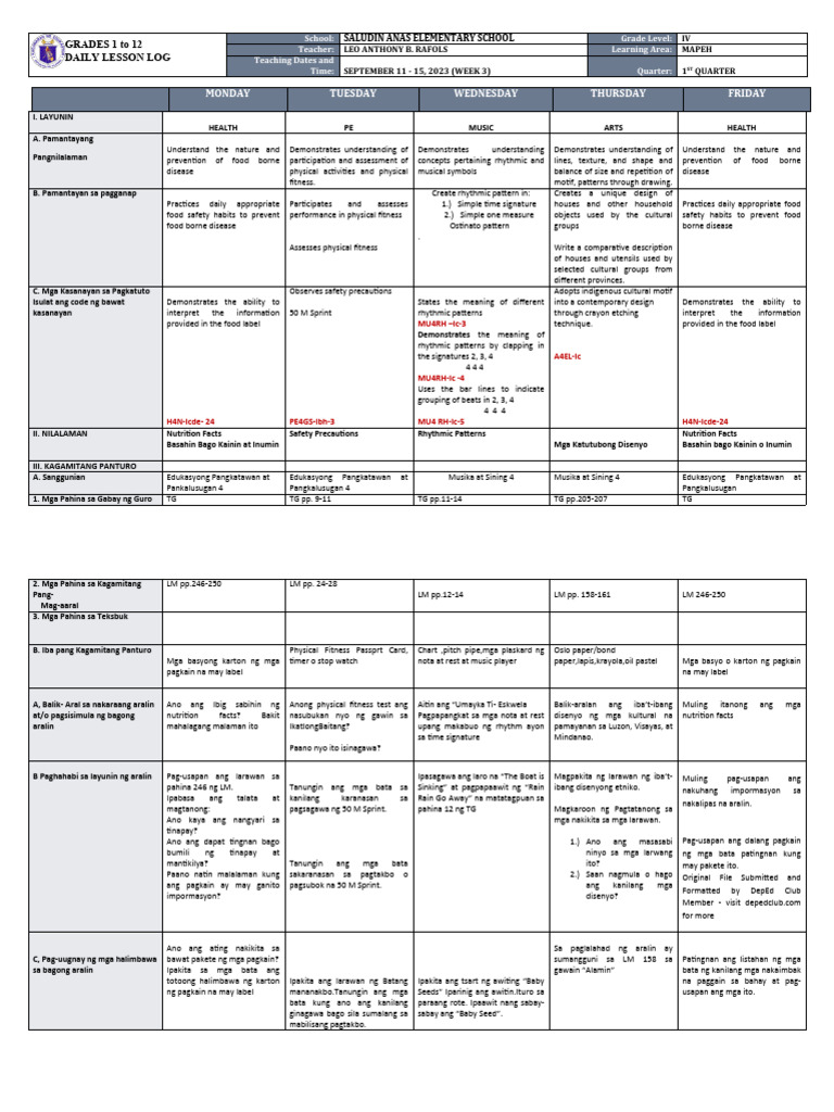 DLL - Mapeh 4 - Q1 - W3 | PDF