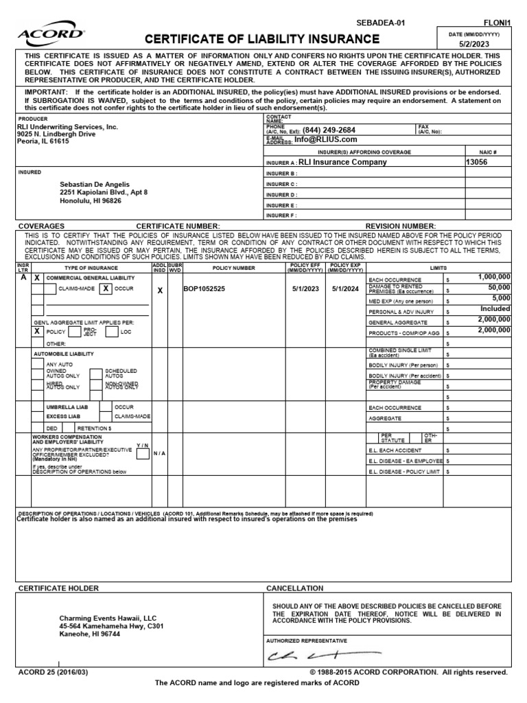 Sebastian de Angelis General Liability Certificate | PDF