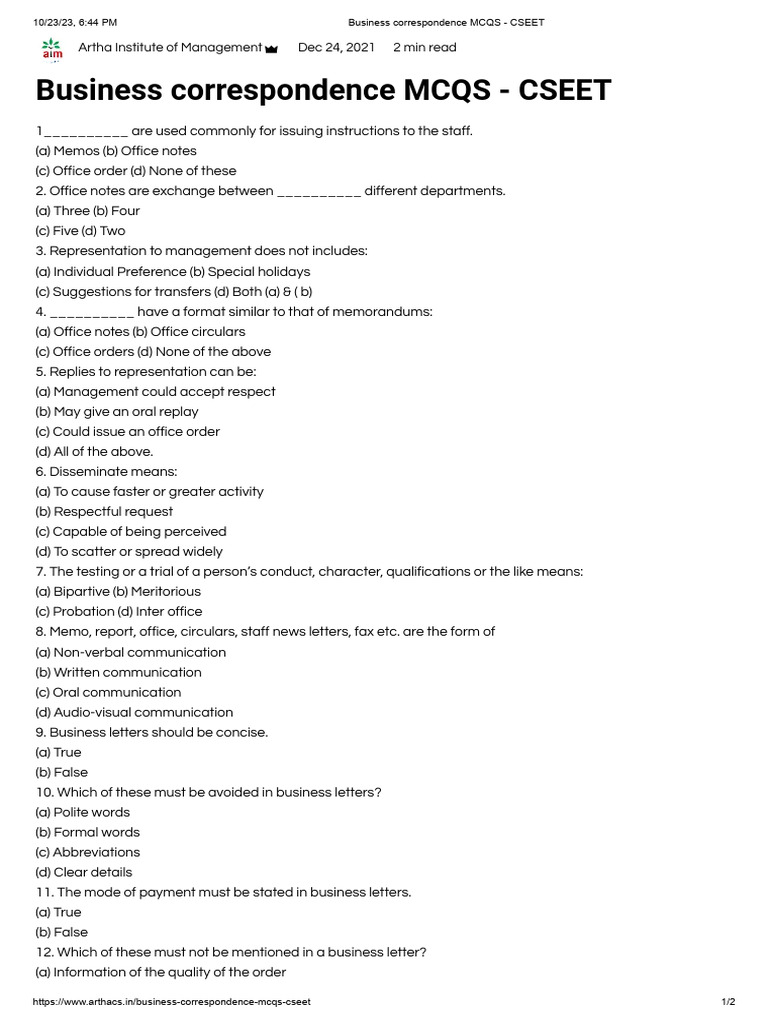 Business Correspondence MCQS - CSEET | PDF