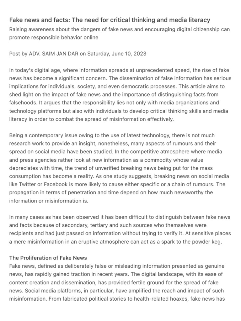 Fake News and Facts: The Need For Critical Thinking and Media Literacy ...