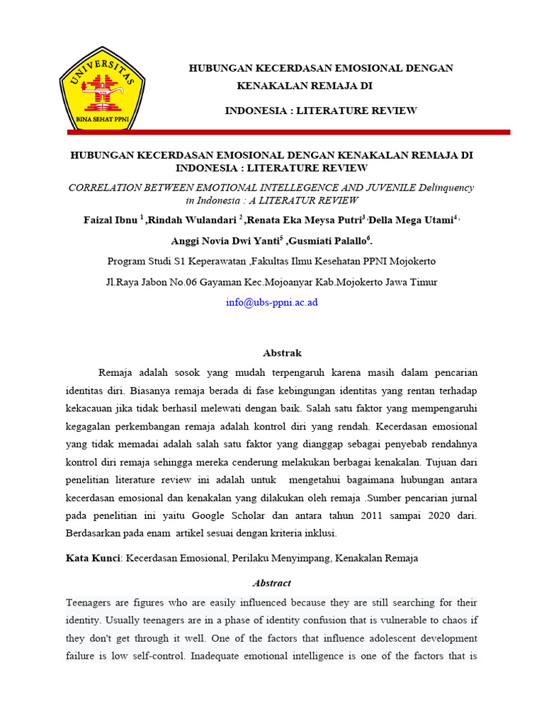 Hubungan Kecerdasan Emosional Dengan Kenakalan Remaja Di Indonesia Literature Review | PDF ...