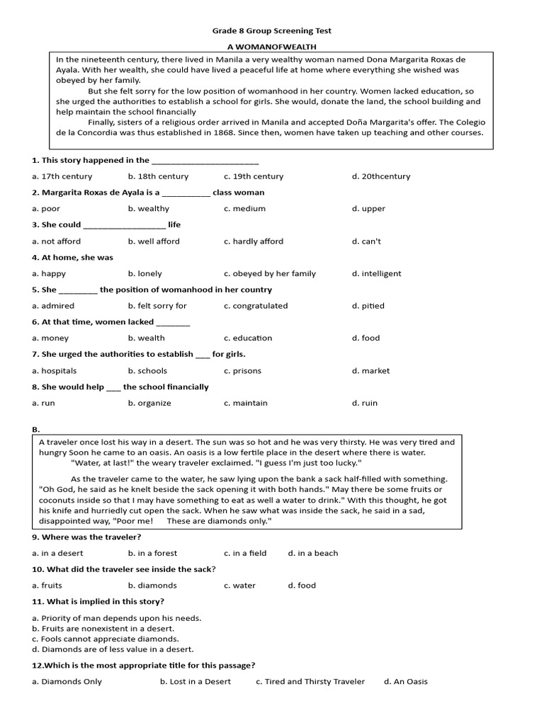 Phil-IRI Grade 8 Group Screening Test | PDF