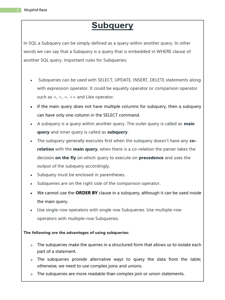 Subquery: Query and Inner Query Is Called As Subquery | PDF | Cybernetics | Computer Programming