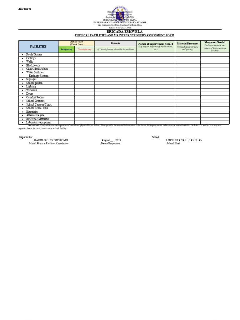 BE Form 1 PHYSICAL FACILITIES AND MAINTENANCE NEEDS ASSESSMENT FORM | PDF