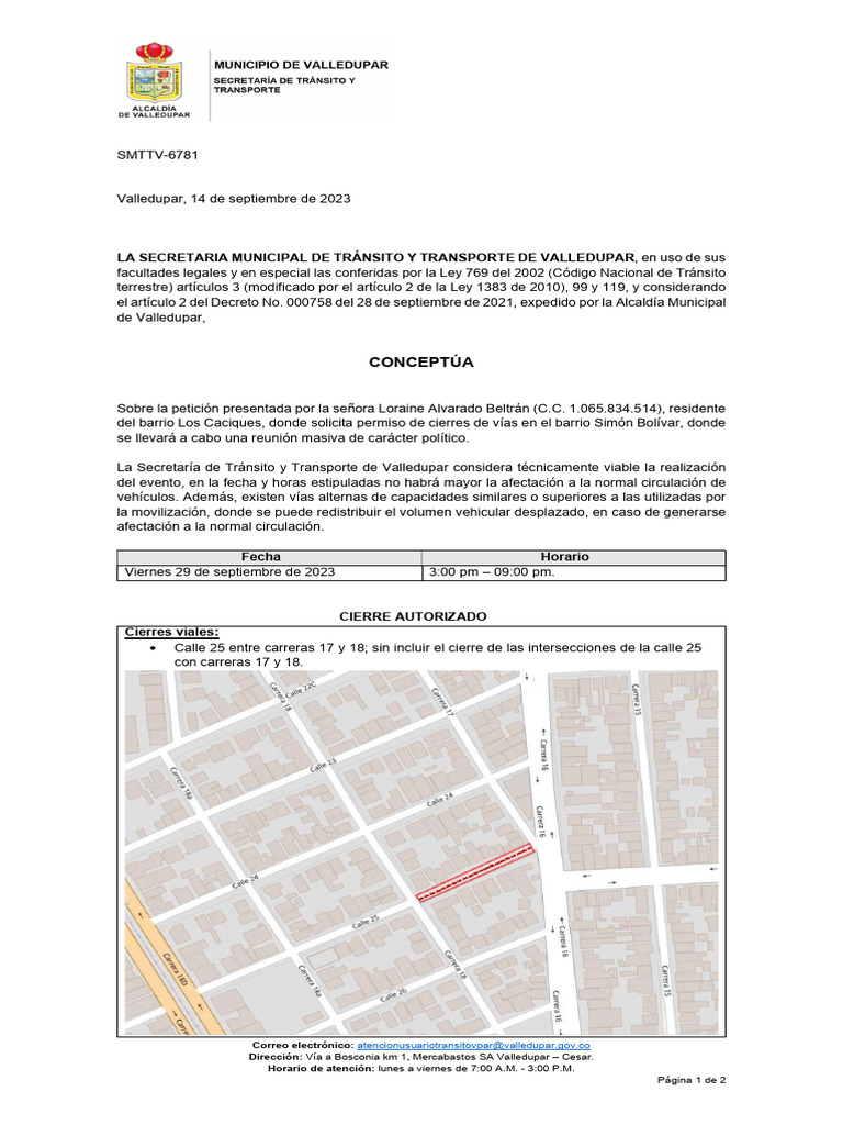 14-09-23 STTV0108561 Solicitud Cierre de Vía Barrio Simón Bolívar ...