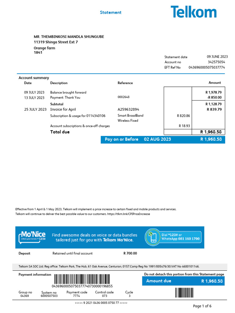Telkom Account Statement June 2023 | PDF