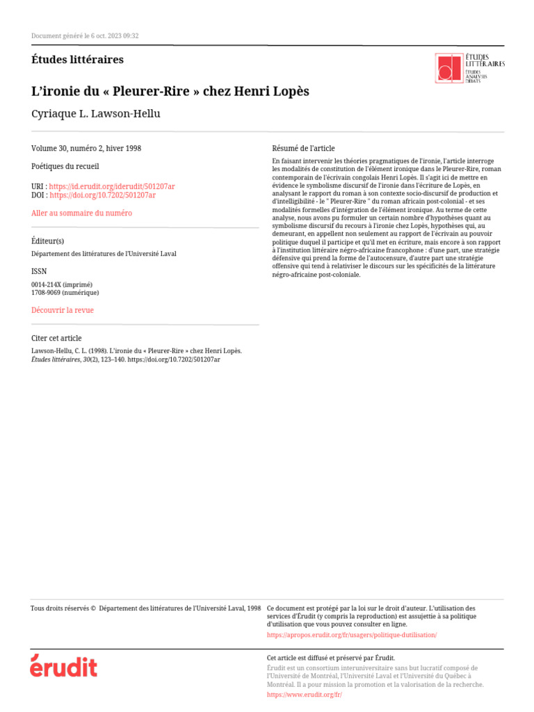 L'ironie Du Pleurer-Rire Chez Henri Lopès: Cyriaque L. Lawson-Hellu | PDF