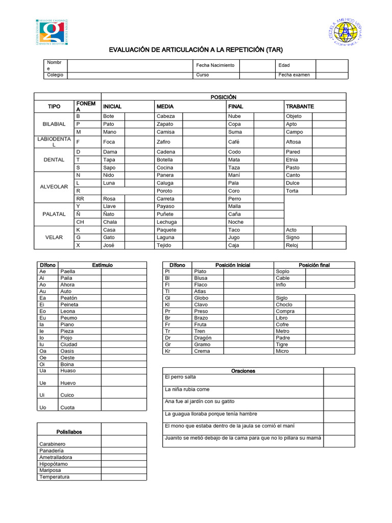 02 Evaluación de Articulación A La Repetición | PDF
