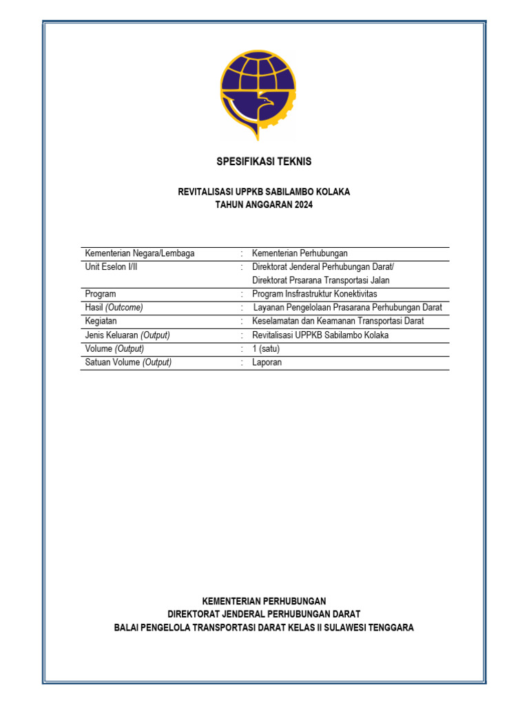 Spesifikasi Teknis Revitalisasi UPPKB Sabilambo | PDF
