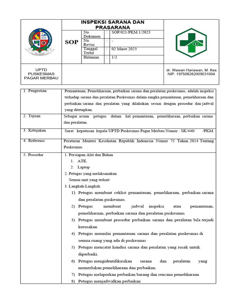 Sop Inspeksi Sarana Dan Prasarana | PDF | Teknologi & Rekayasa