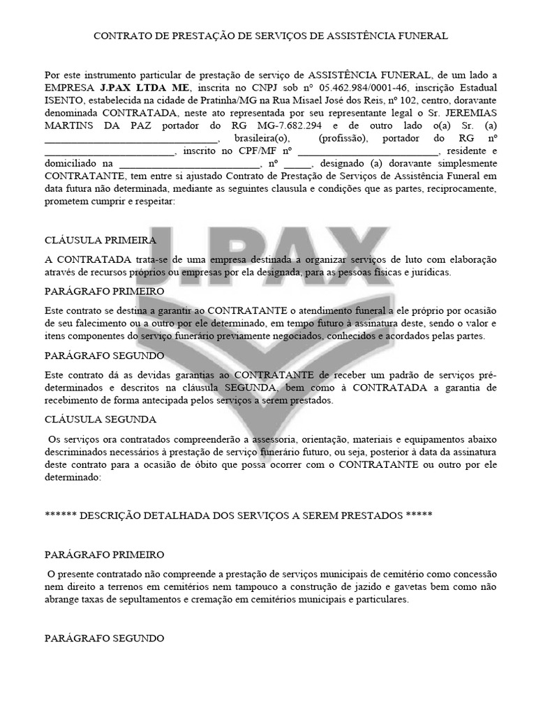 Contrato de Assistência Funeral J.PAX | PDF | Finanças e Administração ...