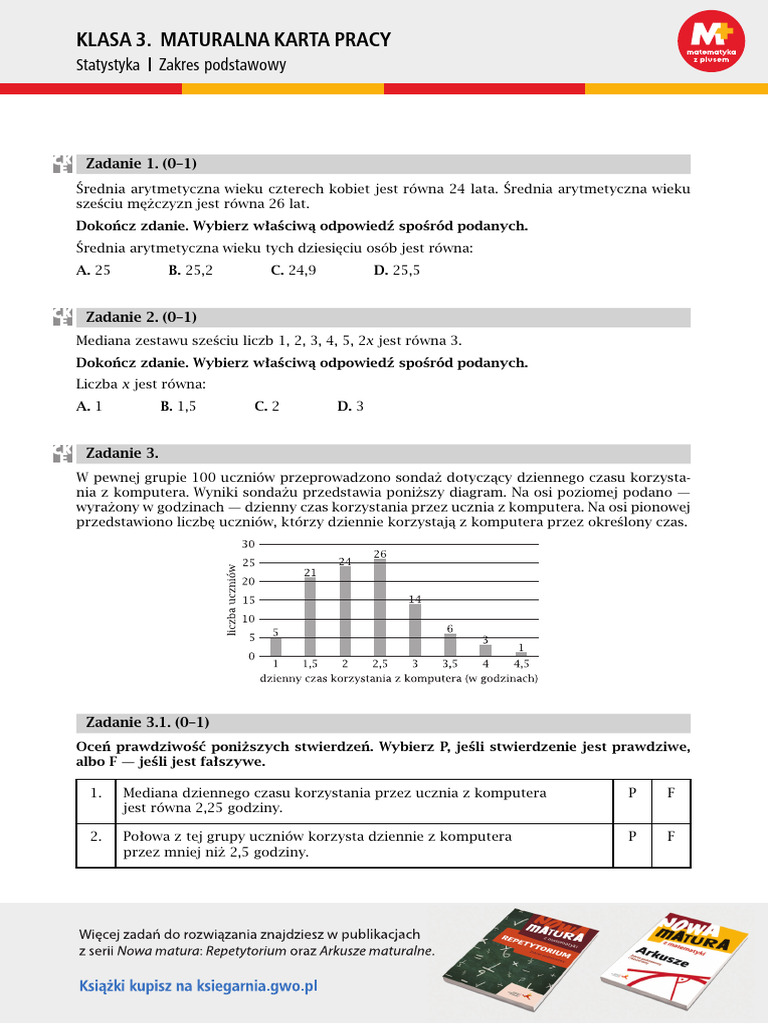 Maturalne Karty Pracy Klasa 3 Statystyka Zakres Podstawowy Karta Pracy | PDF