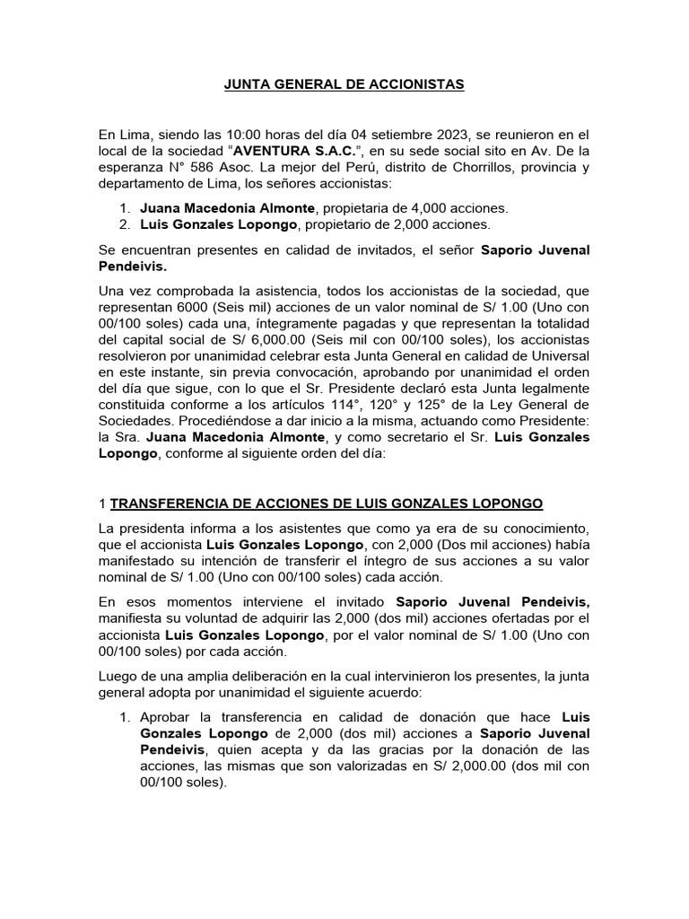 Modelo Acta Junta General Accionistas Ceder Acciones | PDF