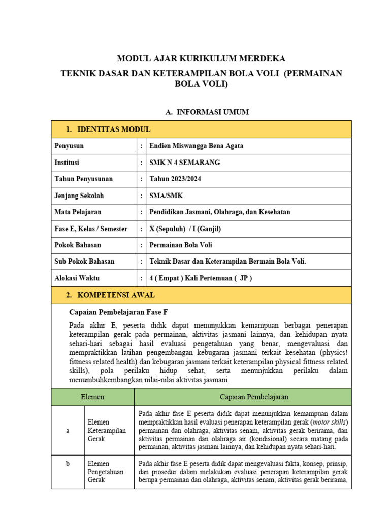 Fase e Kelas X - Bola Voli - Modul Ajar Kurikulum Merdeka | PDF | Olahraga & Rekreasi | Sains ...