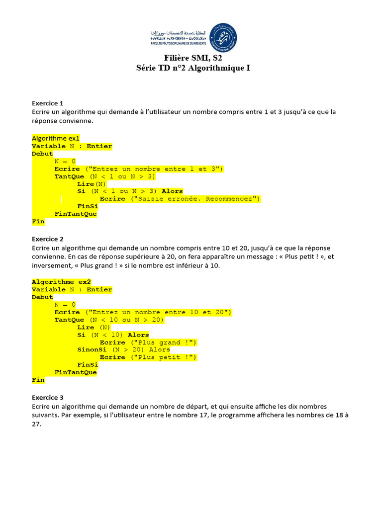 Algorithmique TD2 SMI SectionA S2 (SOLUTION) | PDF