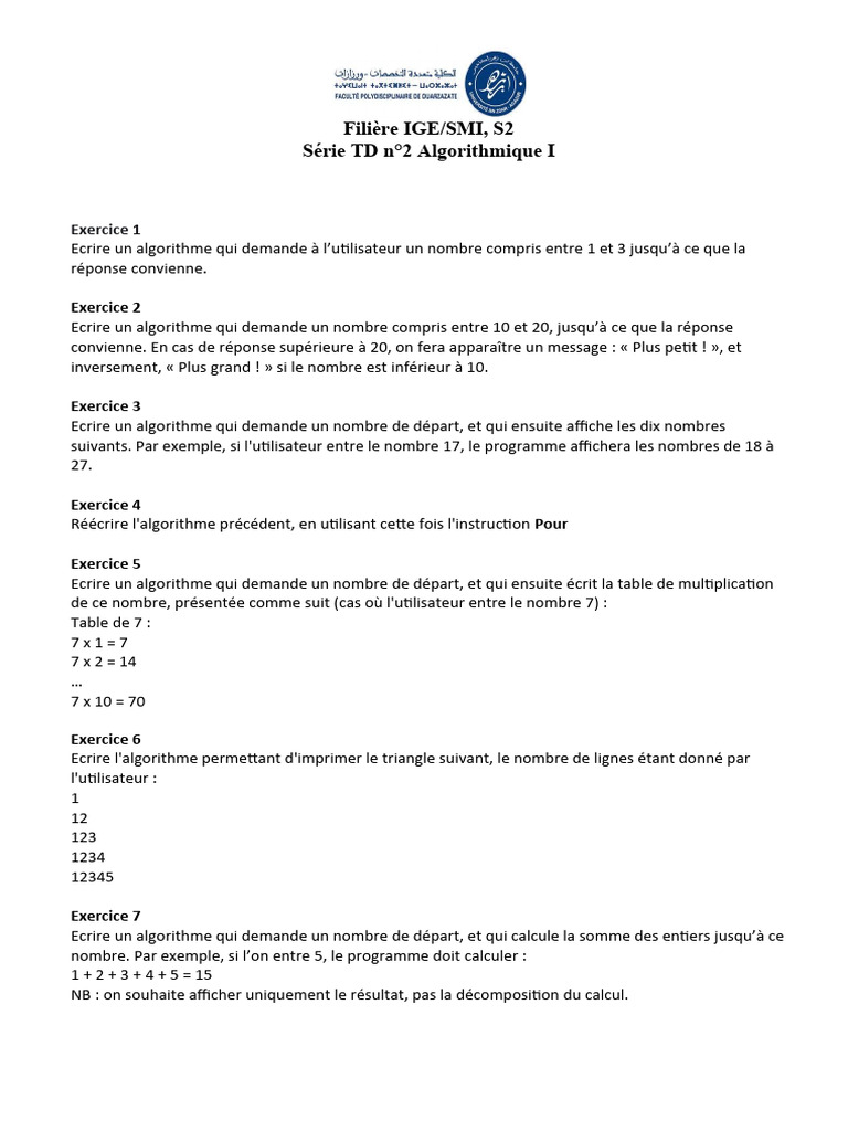 Algorithmique TD2 SMI SectionA S2 | PDF | Ordinateurs