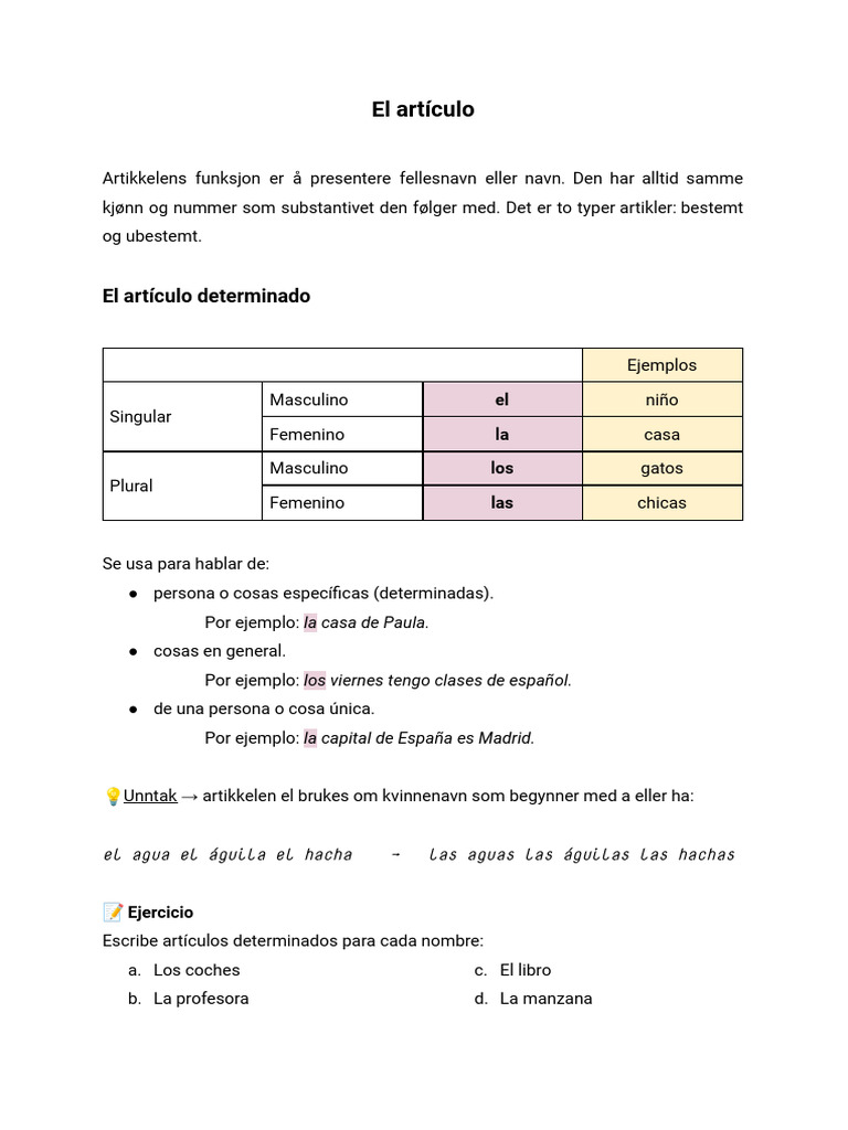 Guía de Uso de Artículos en Español | PDF