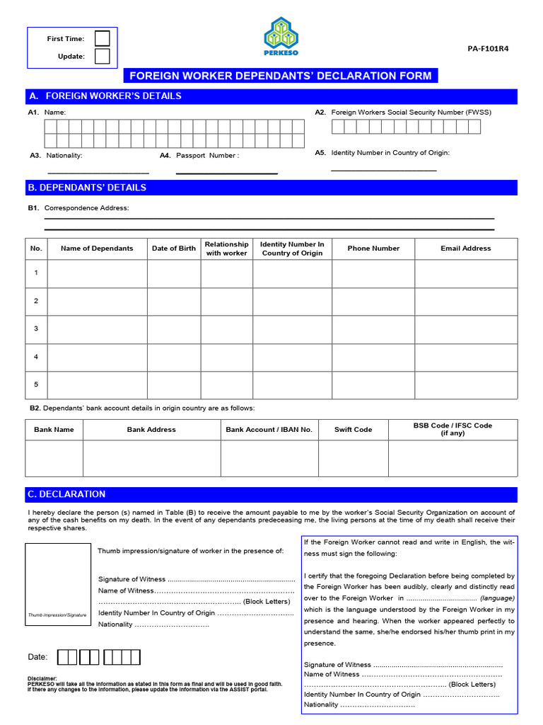 2.engFOREIGN WORKER DEPENDANTS DECLARATION FORM PA-F101R4 | PDF