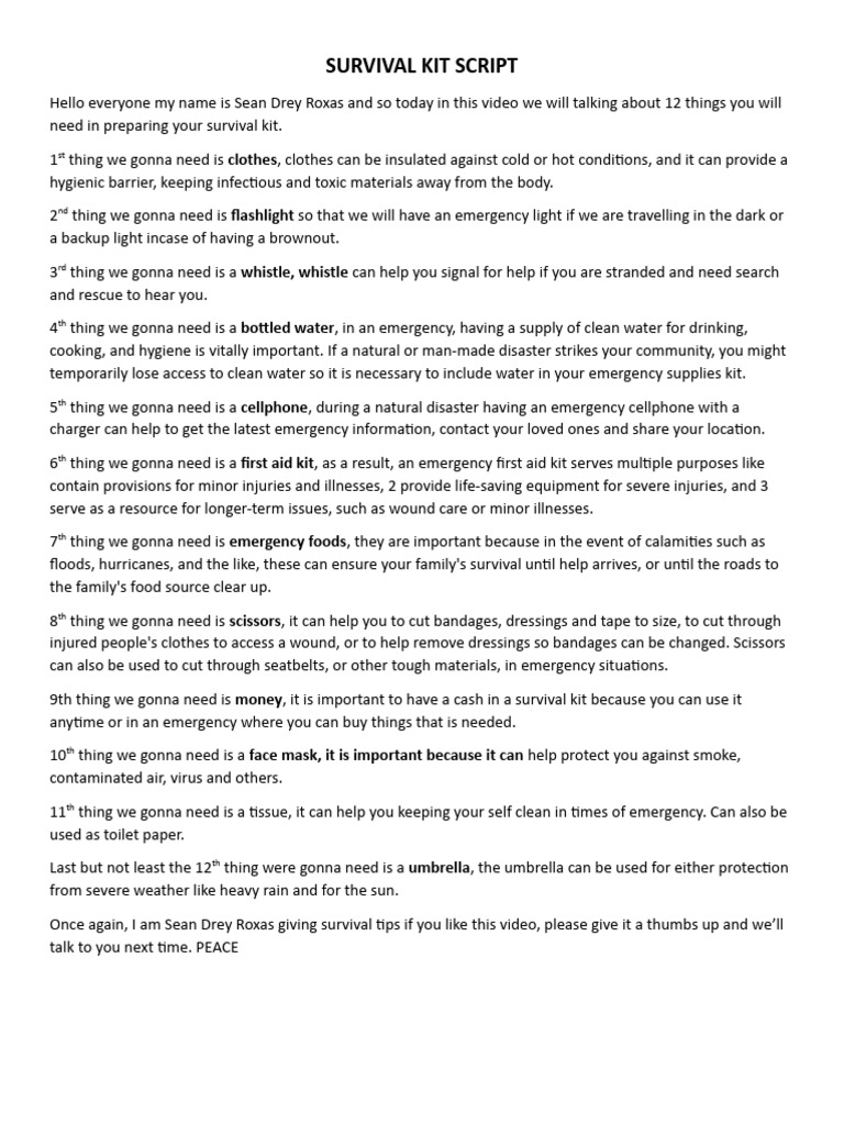 Survival Kit Script | PDF | Social Science | Wellness