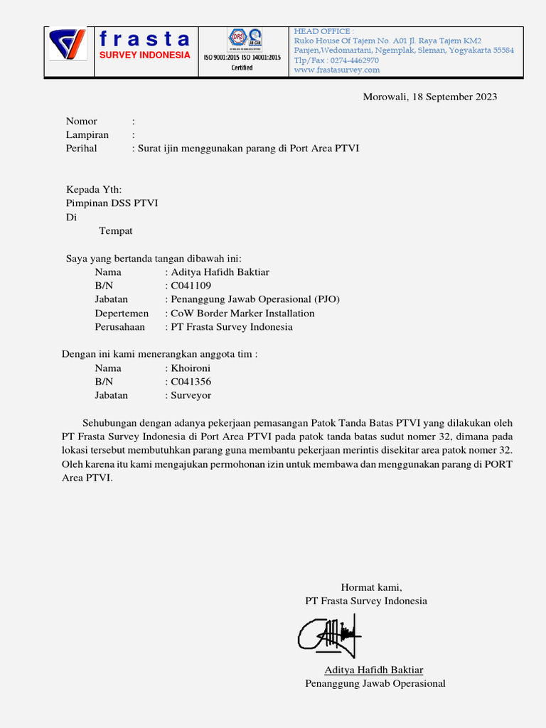 Permohonan Pengunaan Parang Di Port Area PTVI | PDF