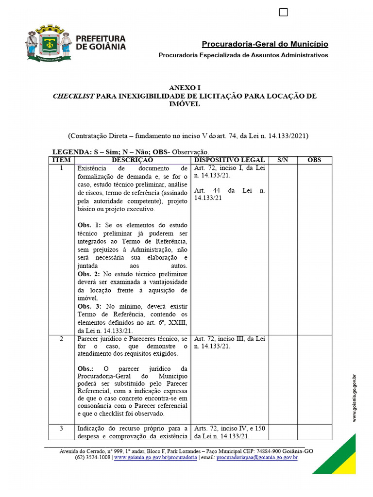 Anexo I Check List. Locacao. Lei 14133.2021 | PDF